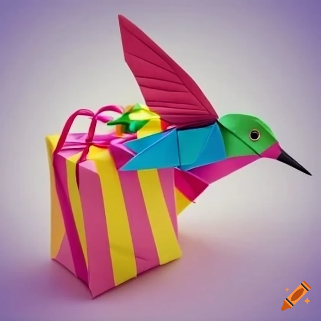 Origami hummingbird holding a gift bag on Craiyon
