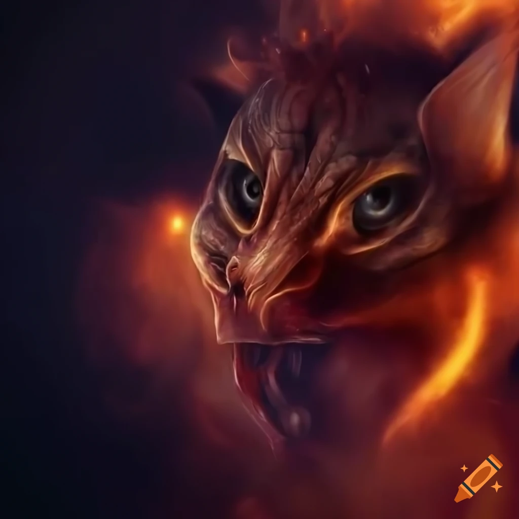 Illustration of a mythical creature in fiery environment
