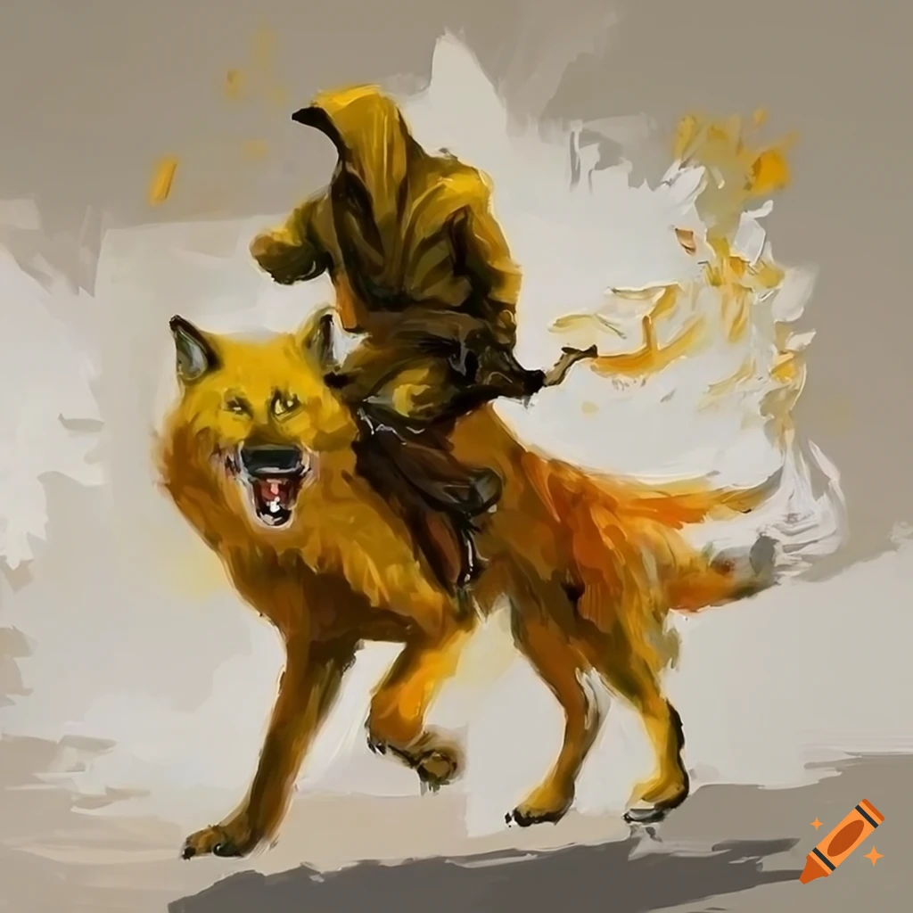 Painting of a male hooded assassin riding a yellow wolf on Craiyon