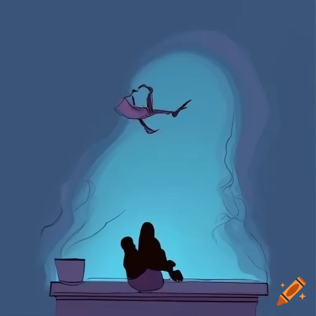 Line art of a girl falling with a couple watching from a balcony