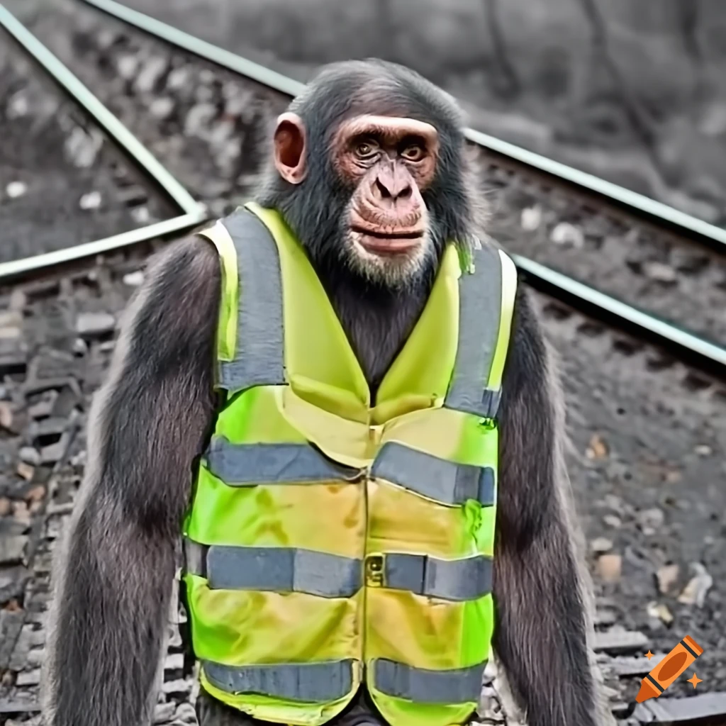 Chimpanzee wearing a reflective vest holding a wrench on railroad ...