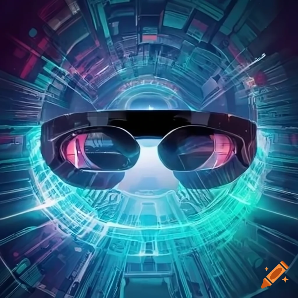 Illustration of augmented reality glasses and holographic elements on ...