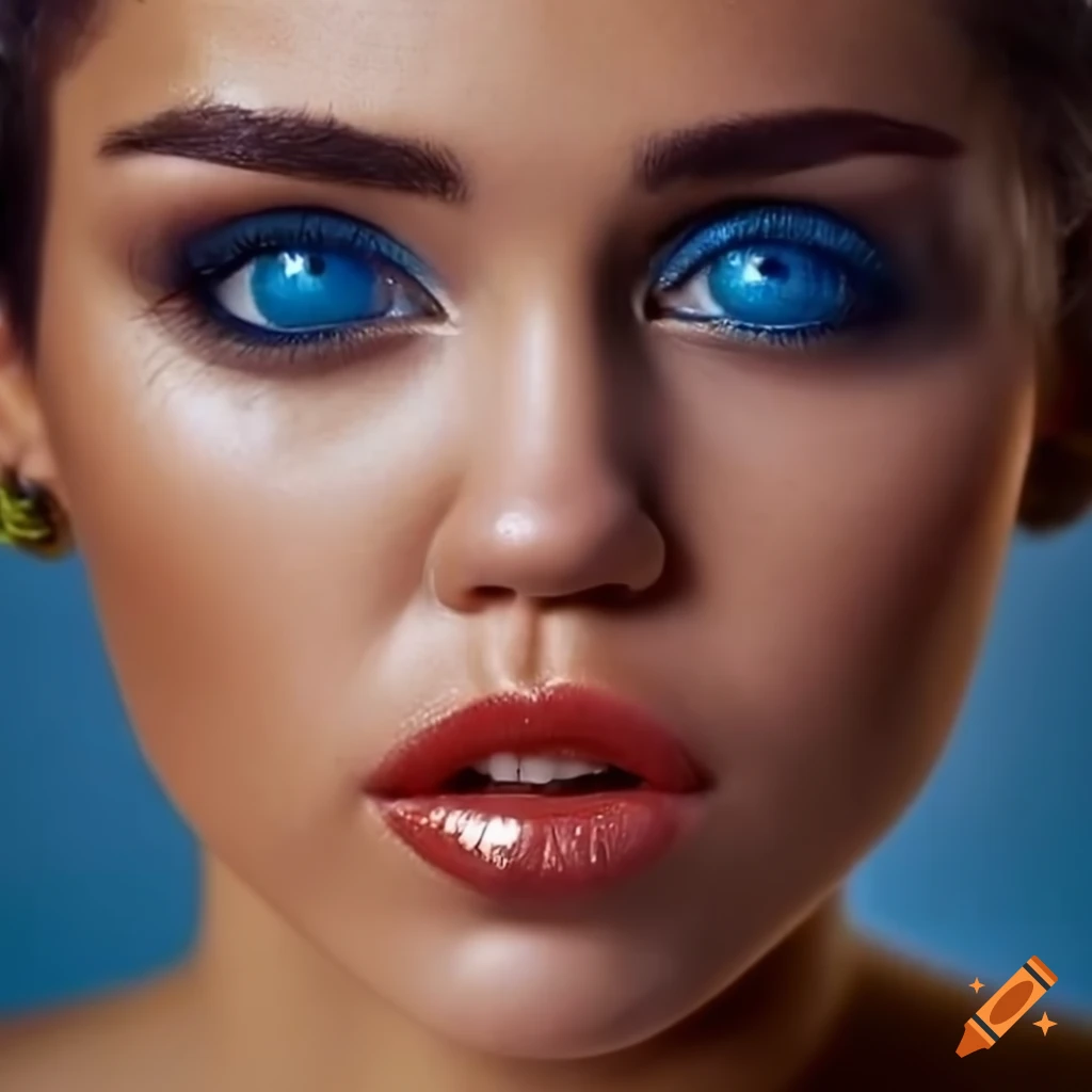 Portrait of a beautiful woman with tan skin and blue catlike eyes on Craiyon