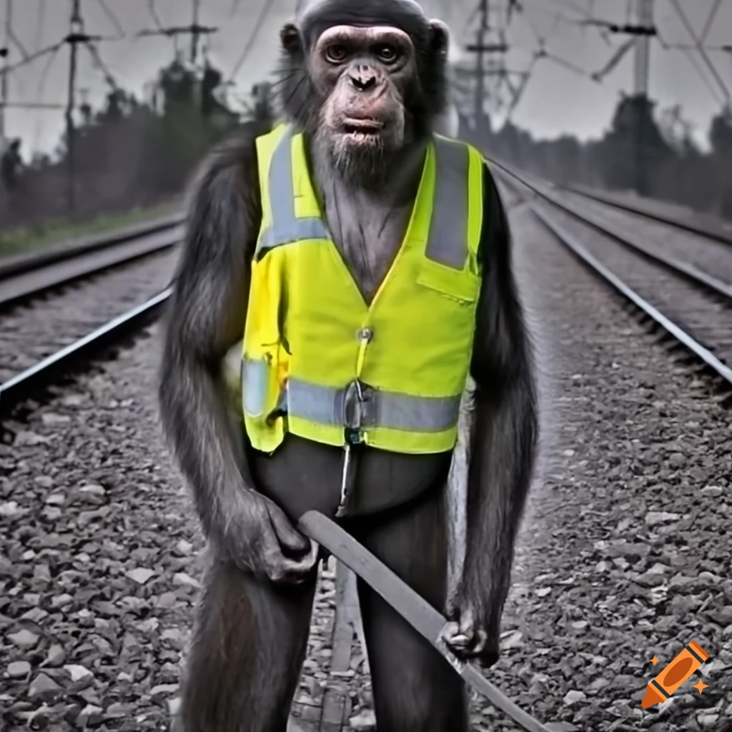 Chimpanzee wearing yellow reflective vest and holding wrench on Craiyon