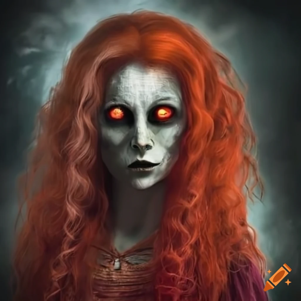 Artwork of a haunting red-haired woman on Craiyon