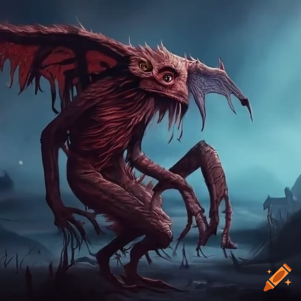 Dystopian creature emerging from flames in a fairytale illustration on Craiyon