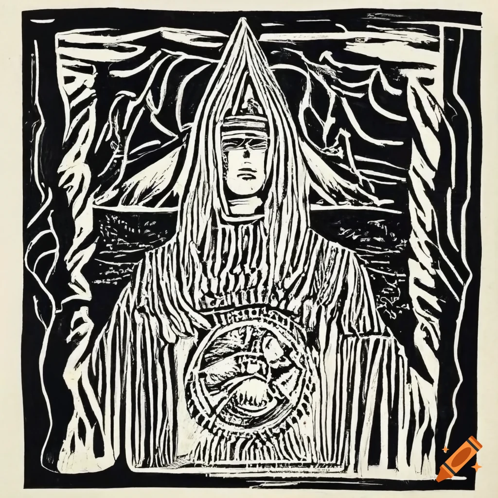 Black-and-white occult manuscript linocut print