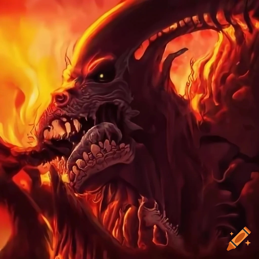 Illustration of a menacing monster emerging from flames on Craiyon