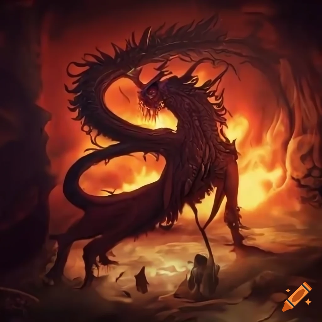 Illustration of a mythical creature in flames on Craiyon