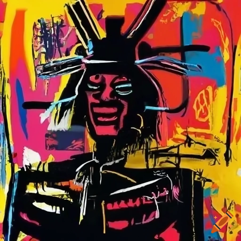 Painting of samurai with basquiat symbols on Craiyon