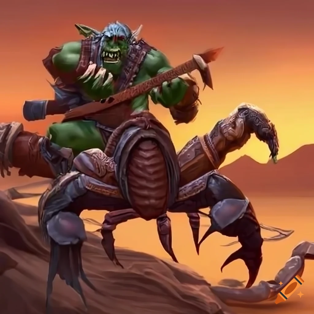 Illustration of an orc bandit on a desert scorpion mount on Craiyon