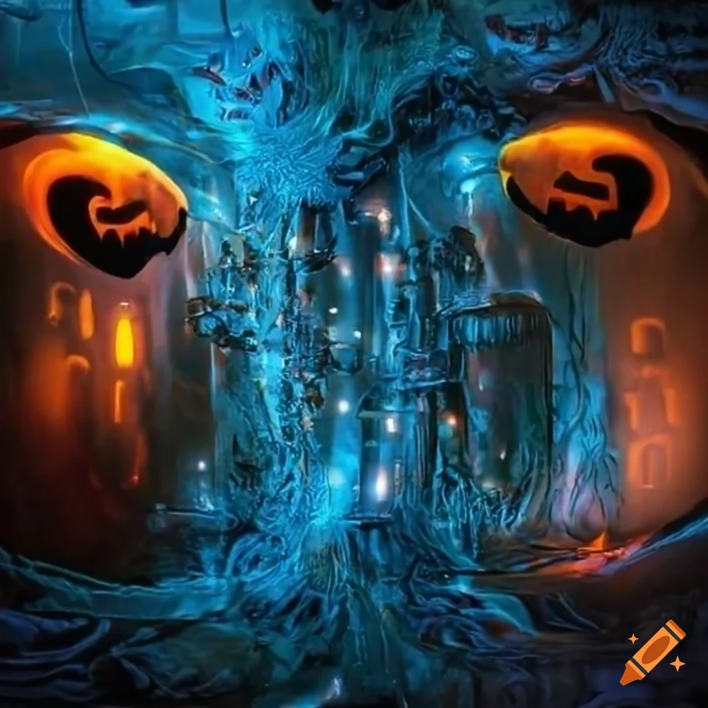 Spooky halloween-themed quantum computer with jack-o'-lanterns and ...
