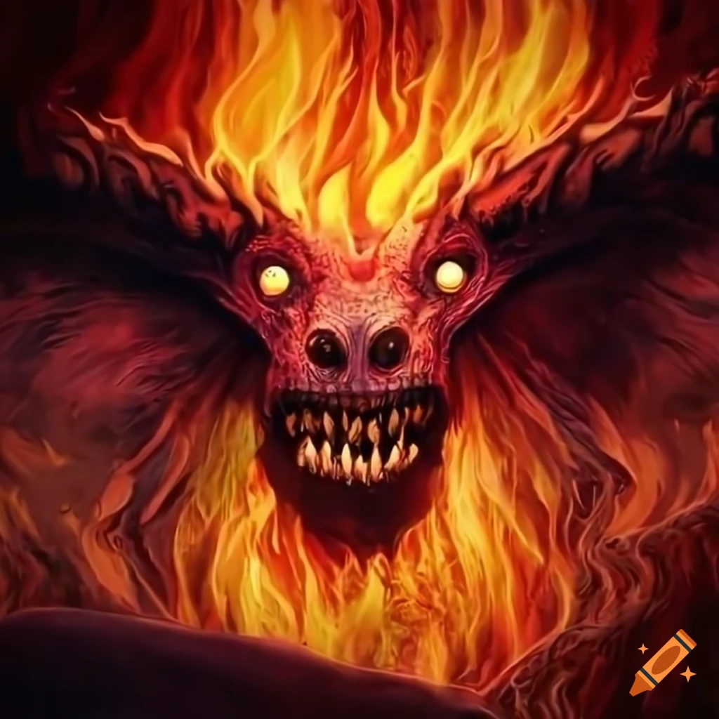 Detailed illustration of a monster emerging from flames on Craiyon