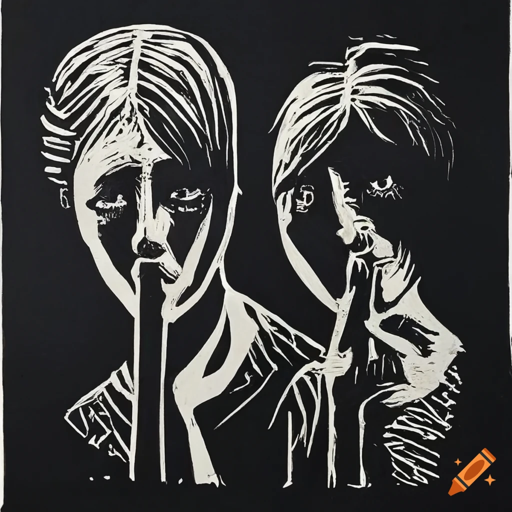 Linocut artwork depicting two friends smoking