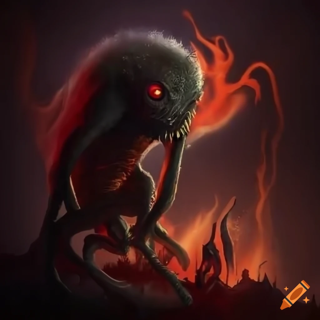 Illustration of a creature emerging from flames on Craiyon