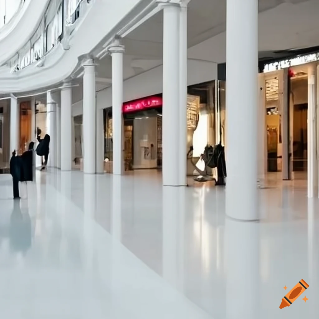 Modern white reflective floor in a mall on Craiyon
