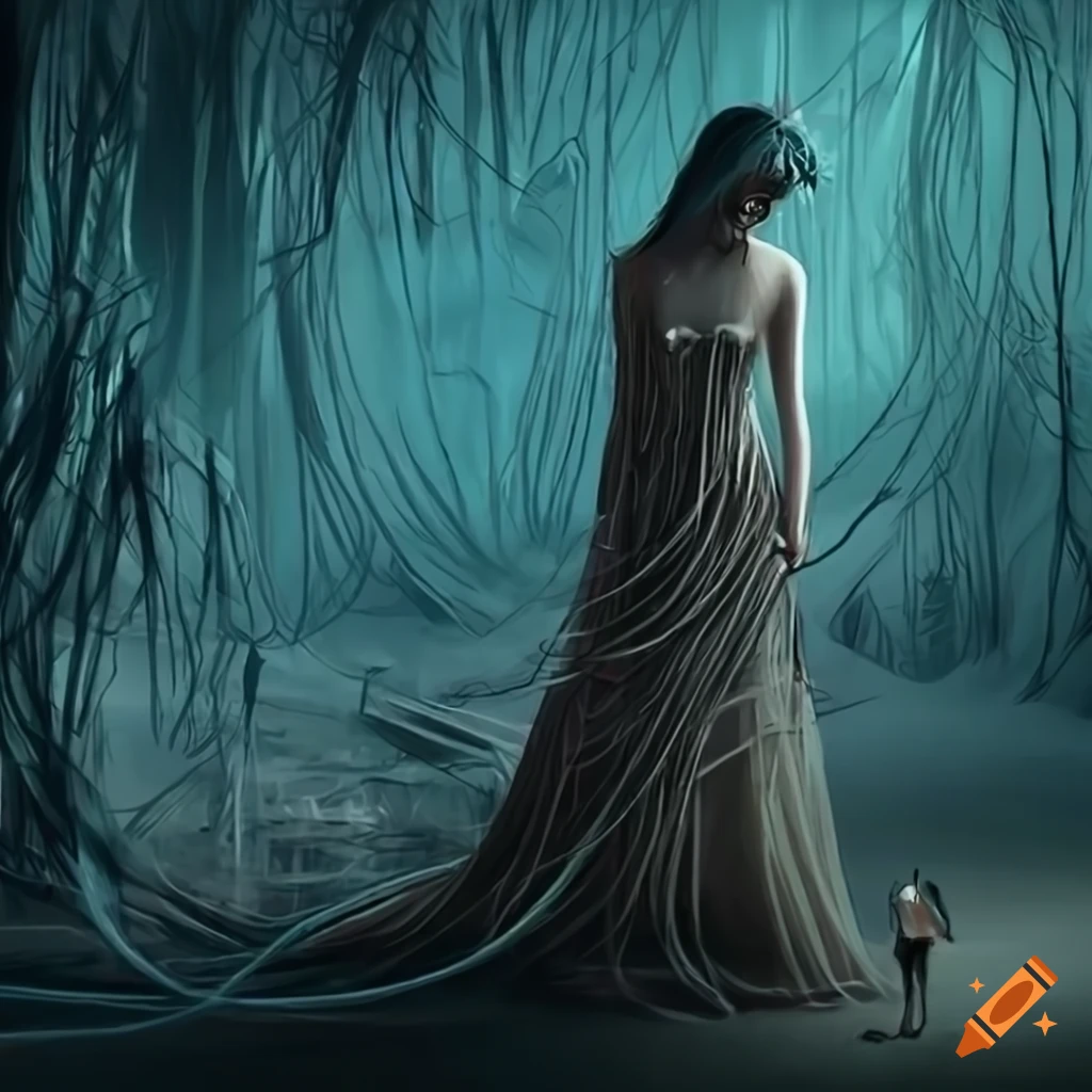 Illustration of a woman wrapped in wires on Craiyon