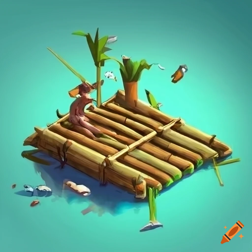 2D isometric game art of a bamboo raft on Craiyon