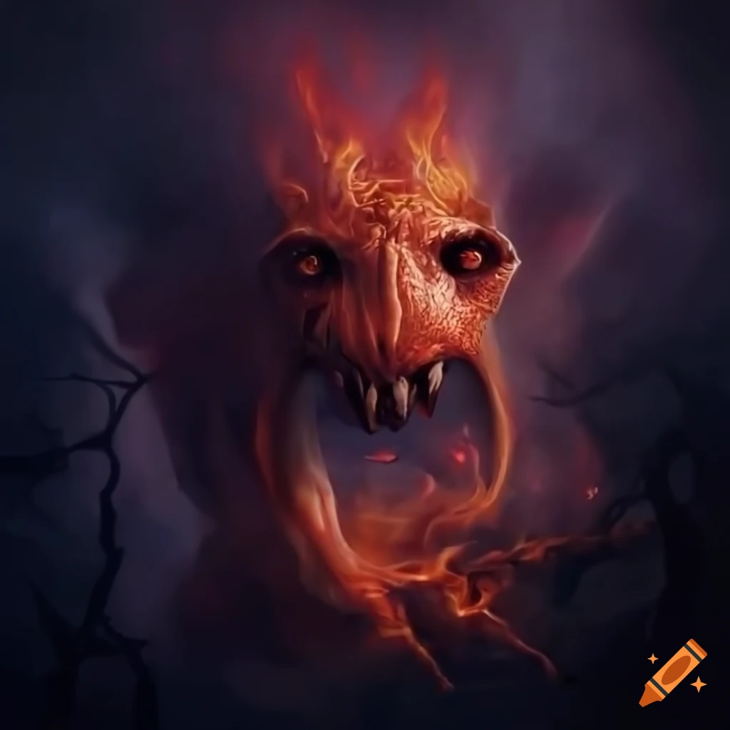 Illustration of a monster emerging from flames on Craiyon