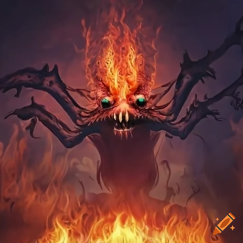 Detailed illustration of a monster emerging from flames on Craiyon