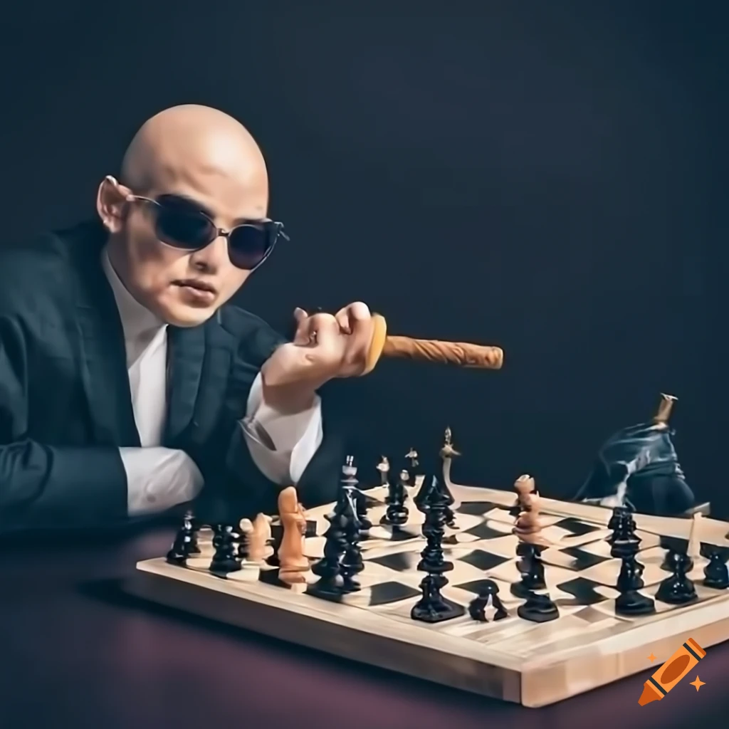 Man playing chess against a woman with sunglasses and cigar on Craiyon
