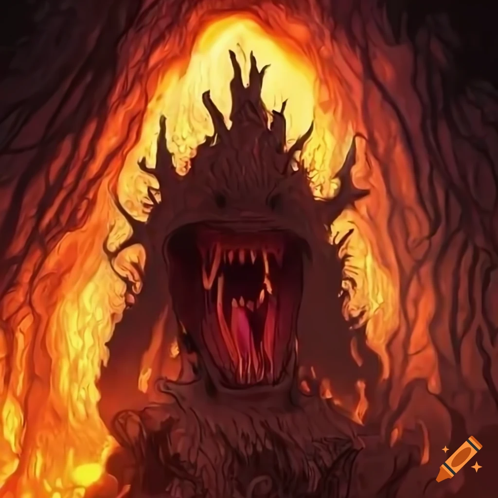 Illustration of a monster emerging from flames on Craiyon