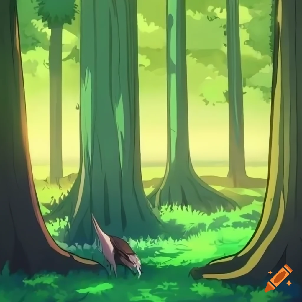 Anime-style forest with a surprise behind the trees