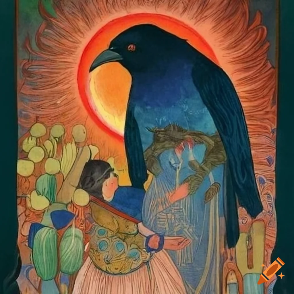 Storybook illustration stone lithograph of a mystical curandera raven ...
