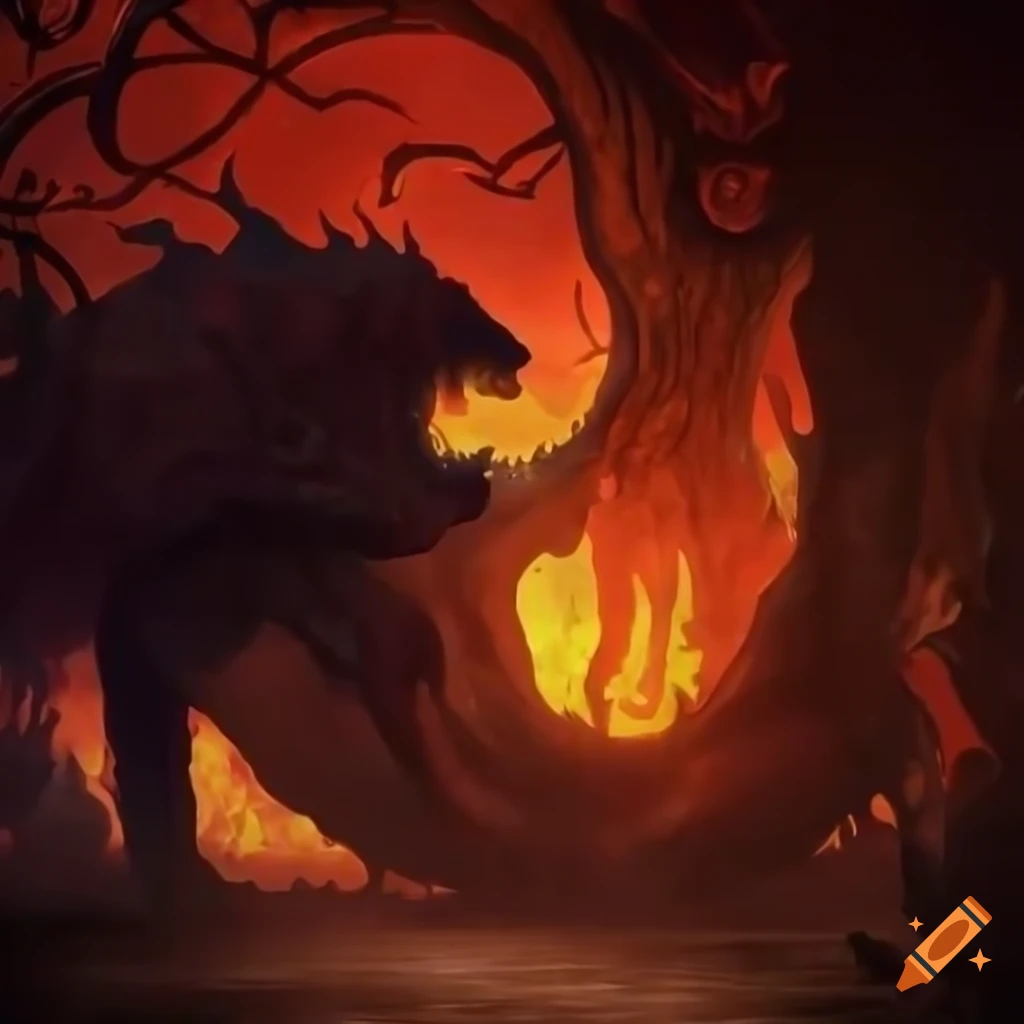 Illustration of a monster emerging from flames on Craiyon