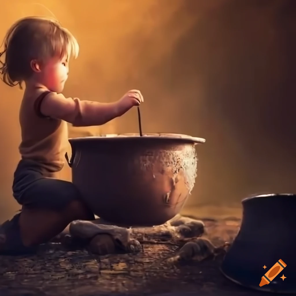 Kids cooking and exploring ingredients in a big cauldron