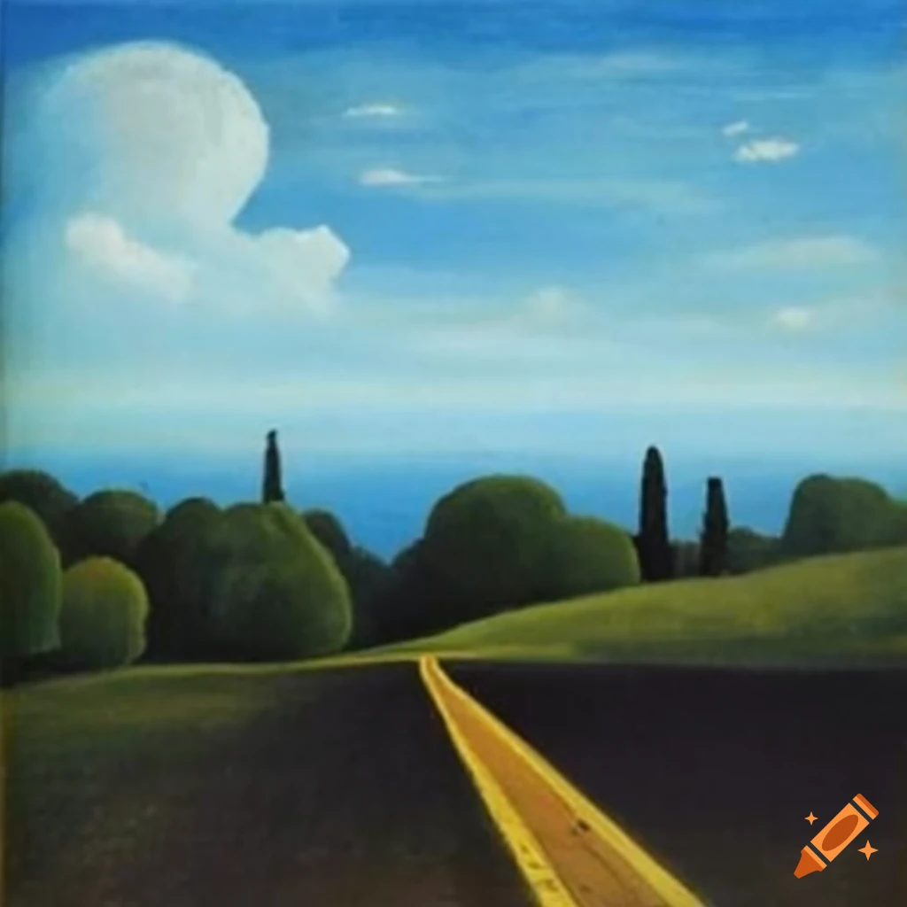 Surrealist painting of a road disappearing into the sky on Craiyon