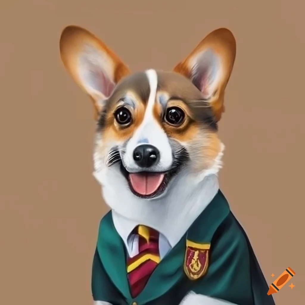 Hyper realistic drawing of a baby corgi in hogwarts uniform