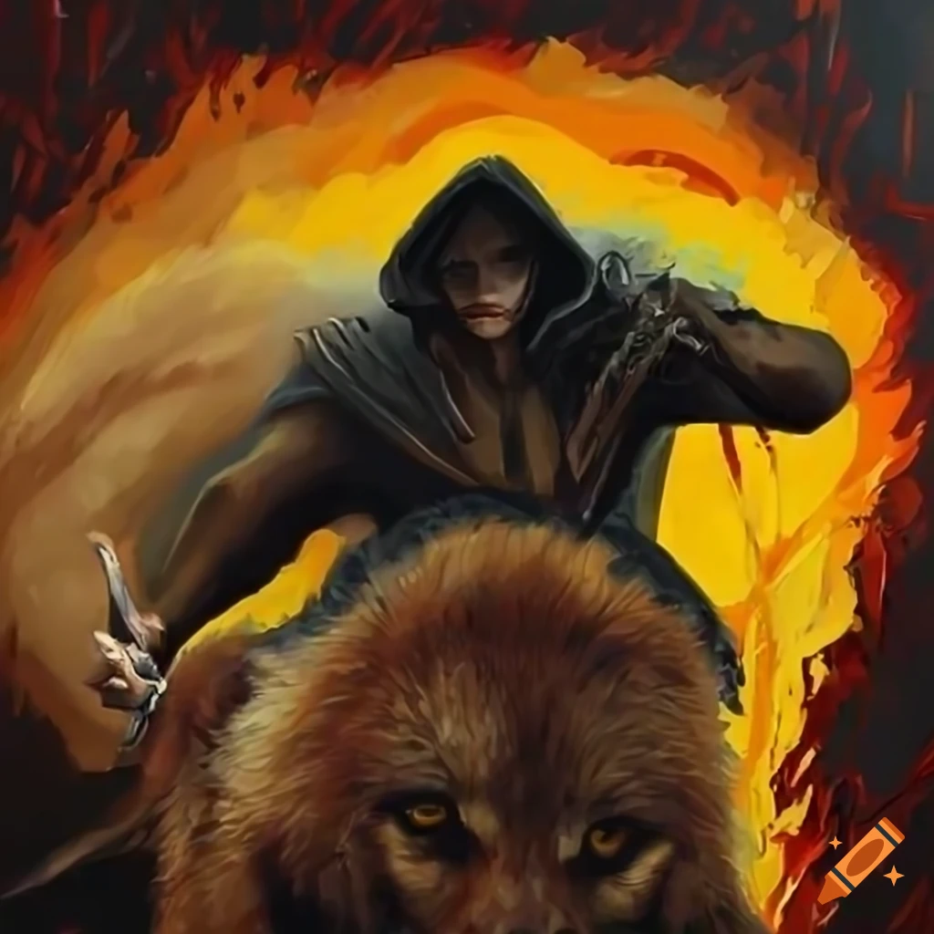 Painting of a male assassin riding a yellow wolf on Craiyon