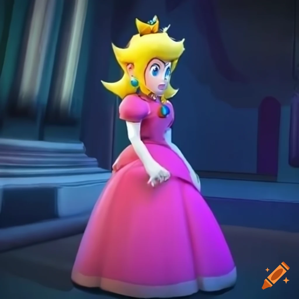 Princess peach in a beautiful ballgown descending grand stairs