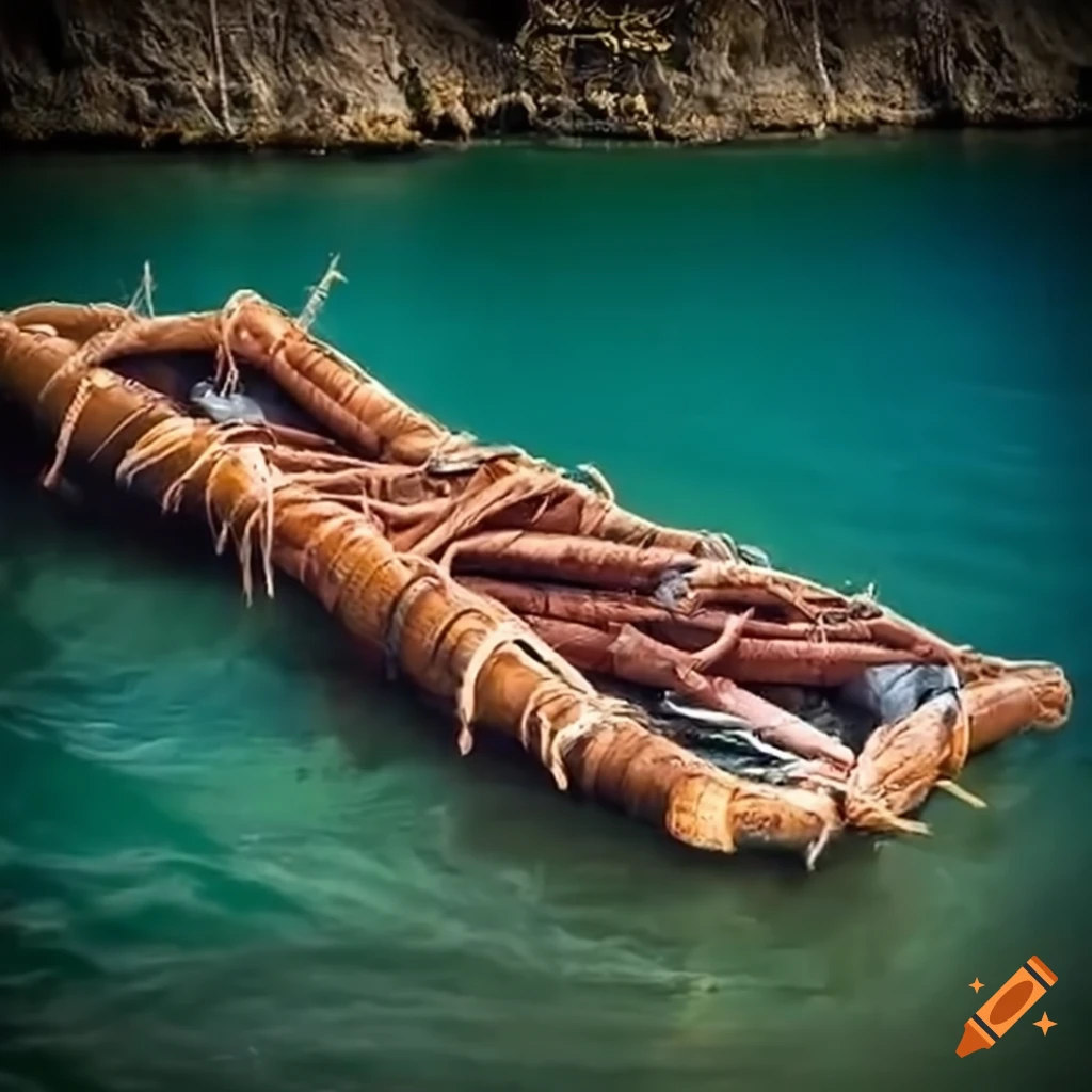 Image of a dilapidated raft in the ocean