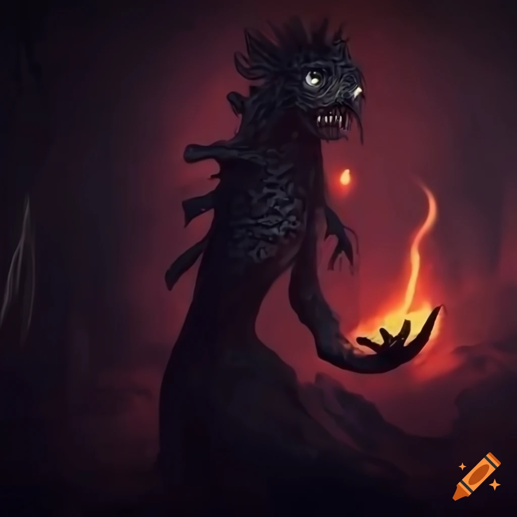 Dystopian creature emerging from flames illustration on Craiyon