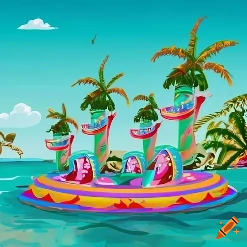 Arabic coffee cups and carpets on beach carnival float design on Craiyon