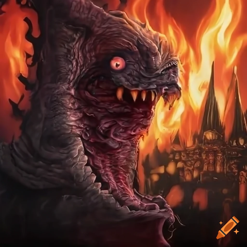 Detailed illustration of a monster emerging from flames