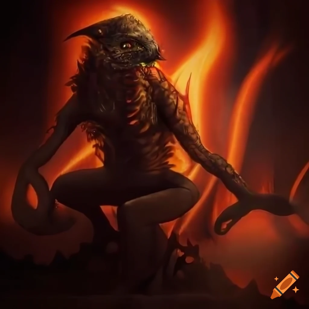 Dystopian creature emerging from flames illustration