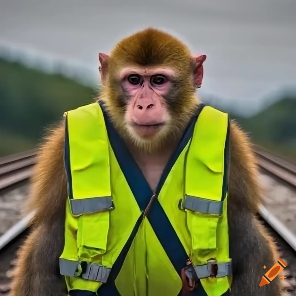 Monkey wearing reflective vest and holding a wrench