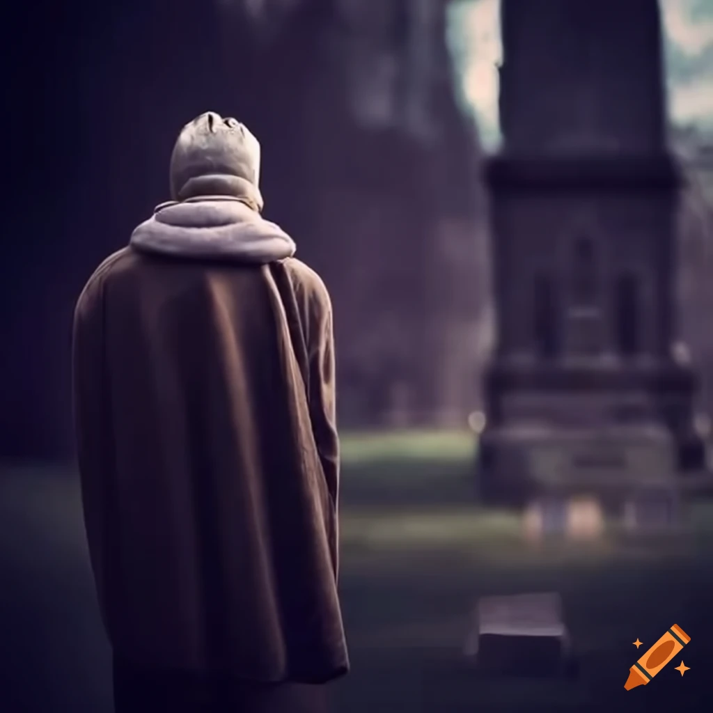 Man standing in front of a grave with the name 'us' on Craiyon