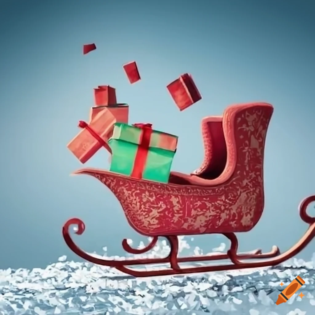 Illustration of gifts falling from a sleigh on Craiyon