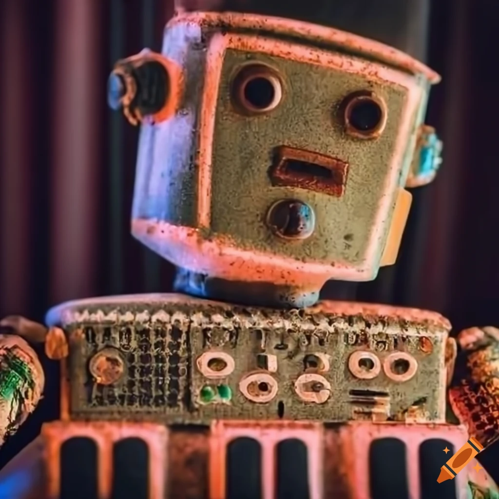 Neon robot playing keyboard on a curtain background on Craiyon