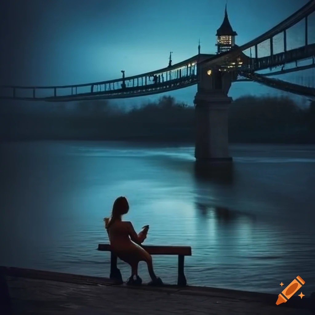 Couple sitting on a bench at night by the river