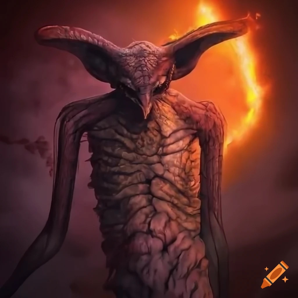 Dystopian creature emerging from flames illustration on Craiyon