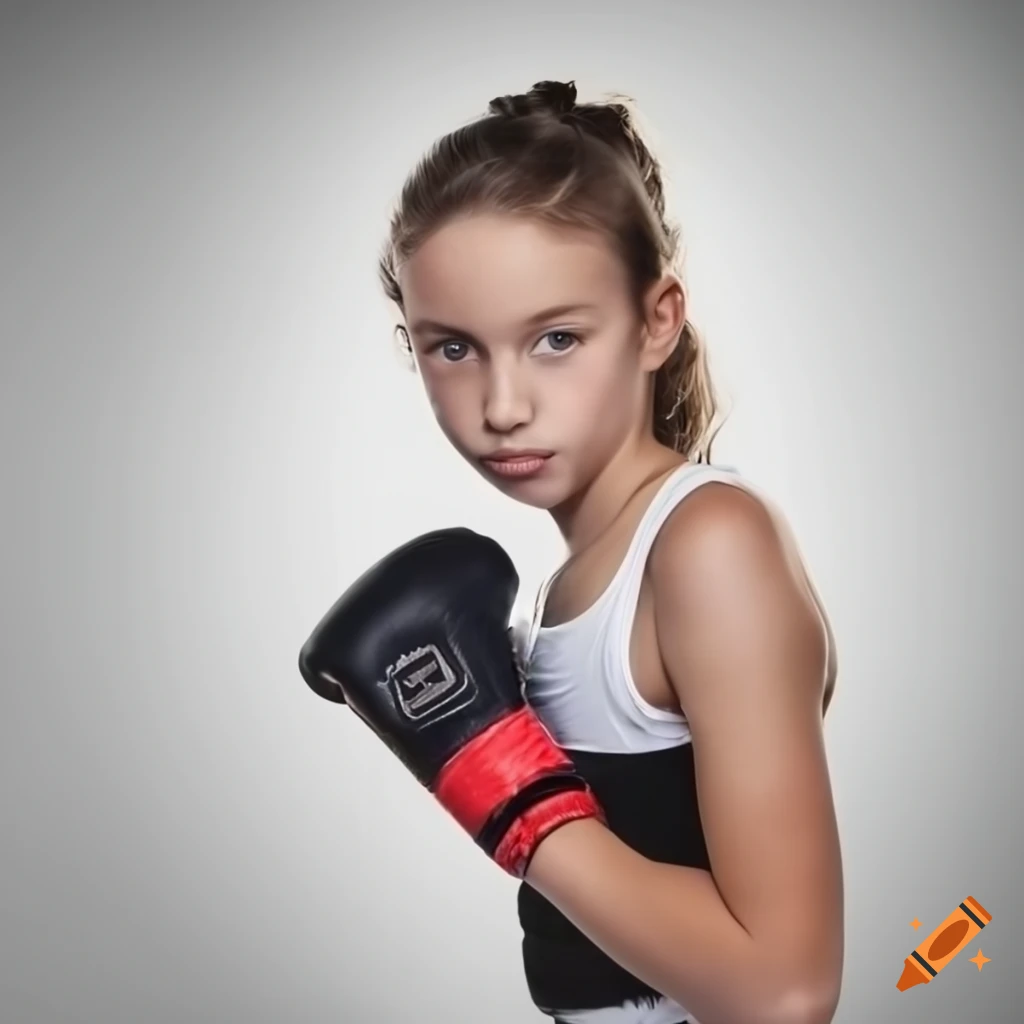 Young girl boxing on a white background