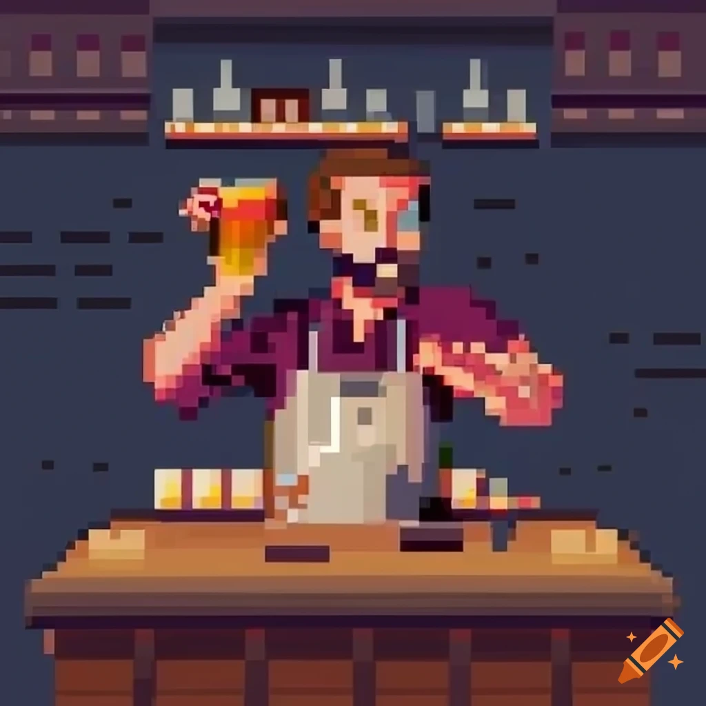 Pixel art of a bartender mixing cocktails on Craiyon