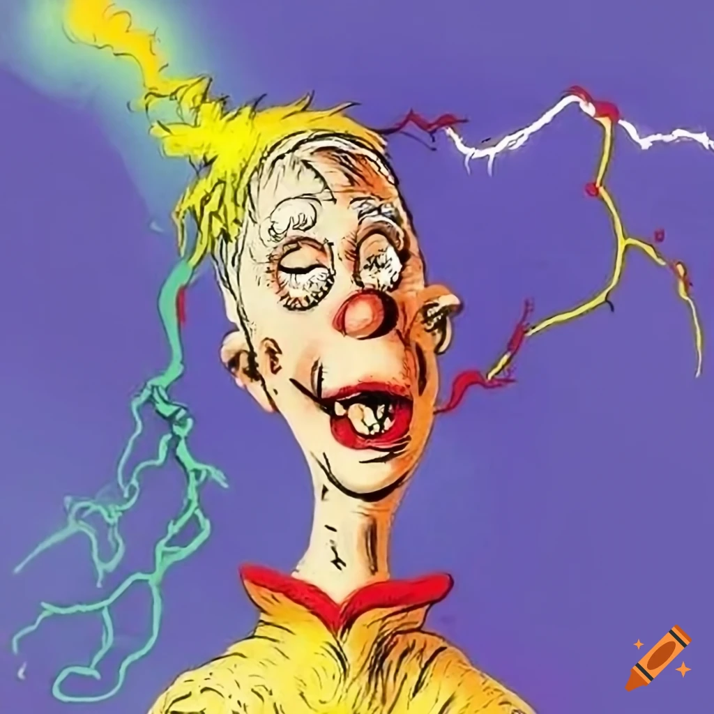 Colorful humorous book illustration of a man being electrocuted on Craiyon