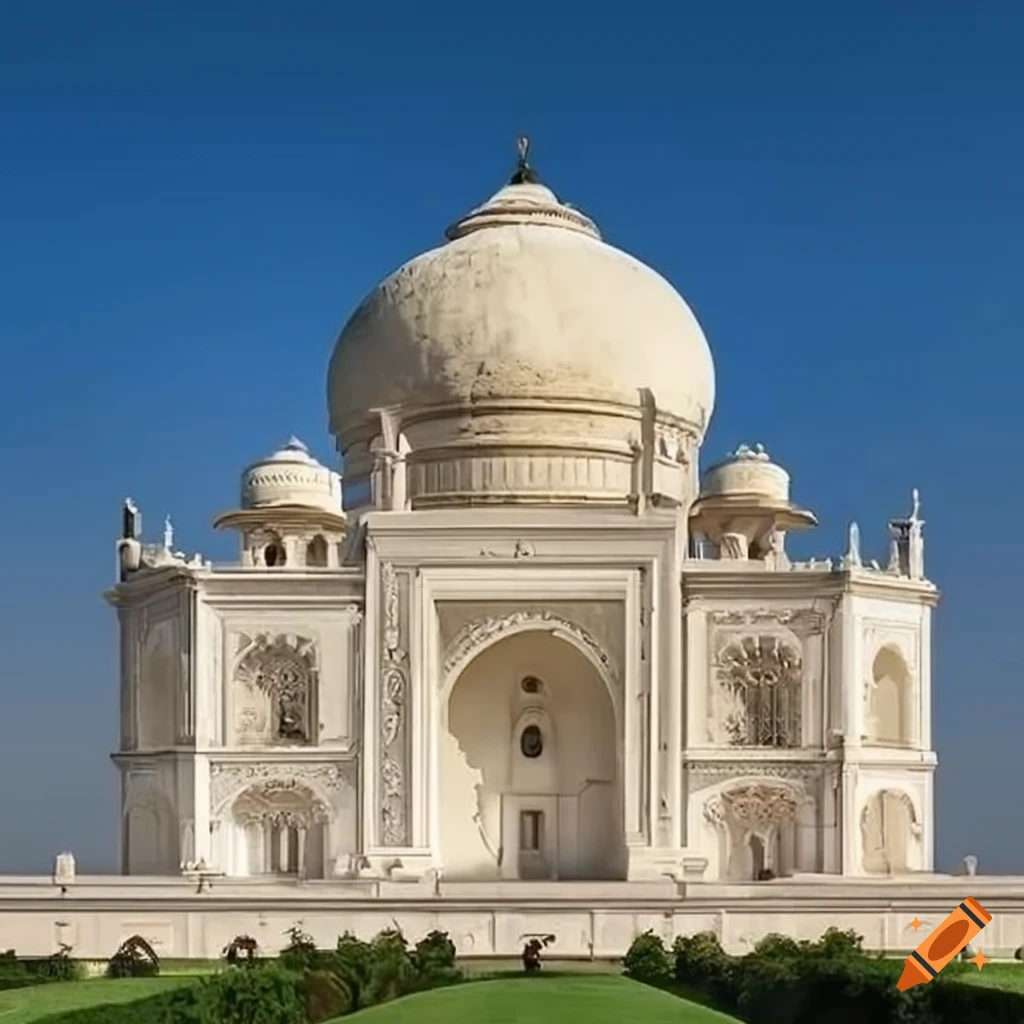 Front view of mahal white house in mediterranean architectural style on ...