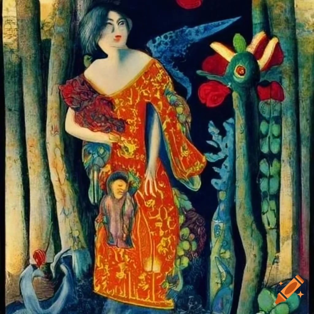 Storybook illustration of a mystical curandera raven and elegant mother ...